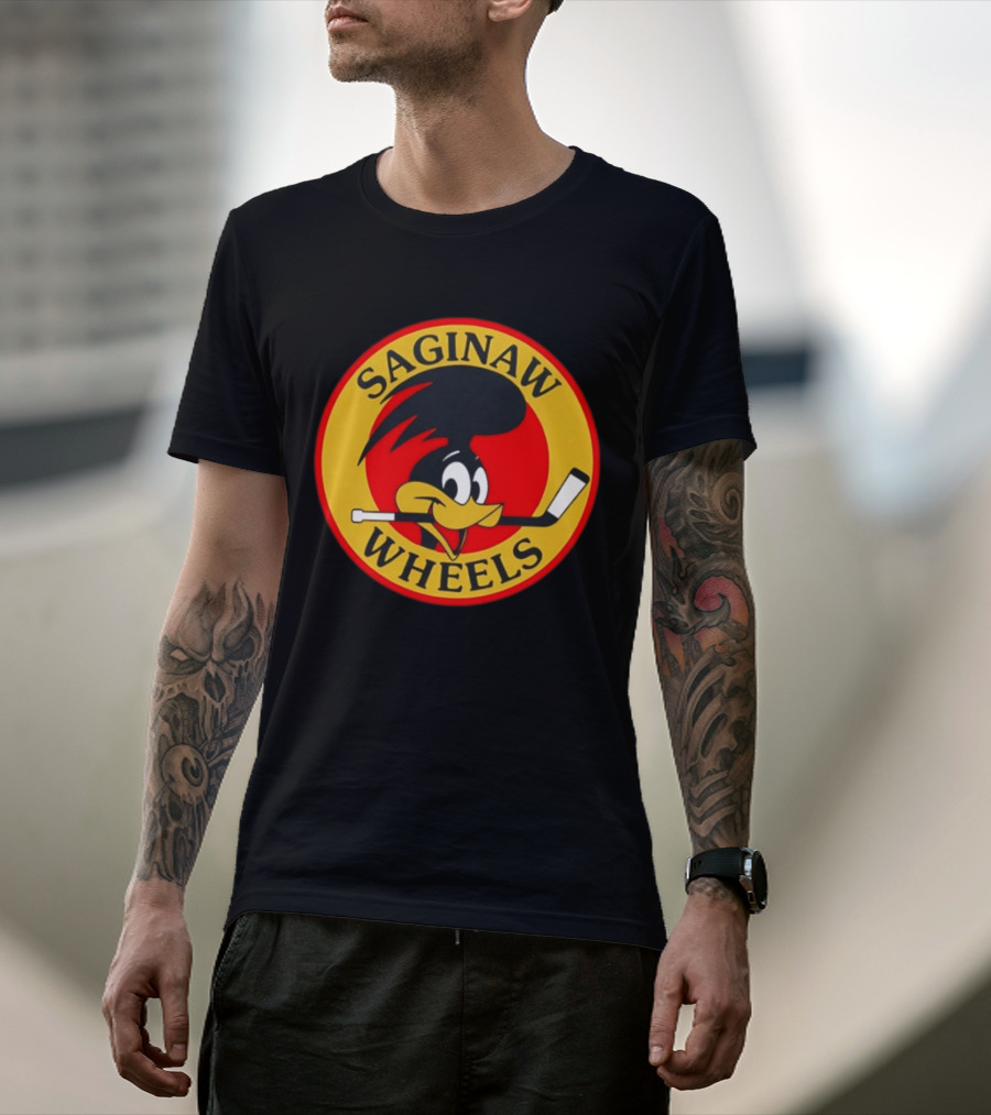 Saginaw Wheels Hockey Cartoon Character With Hockey Stick T-Shirt