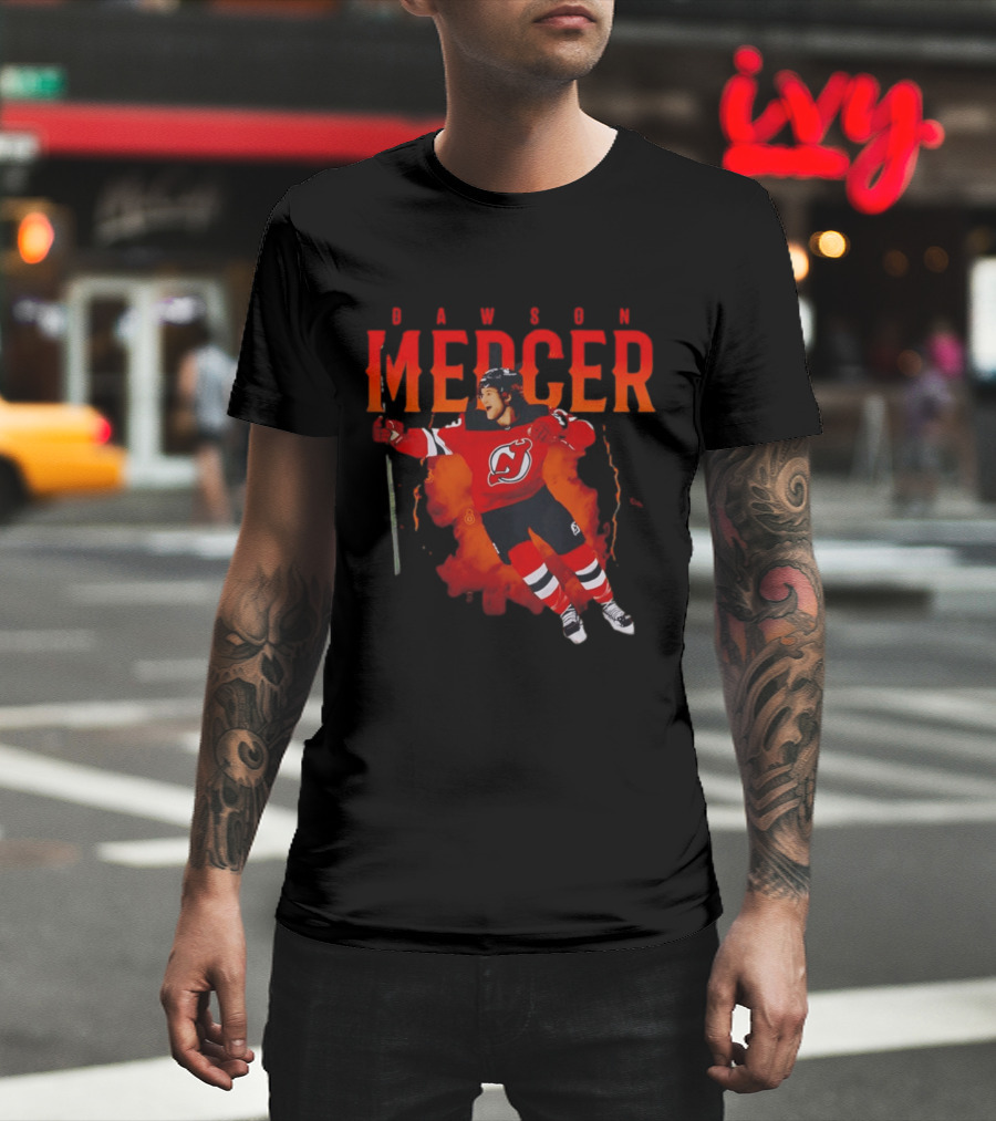 Dawson Mercer New Jersey Devils Celebration Hockey Player Image T-Shirt