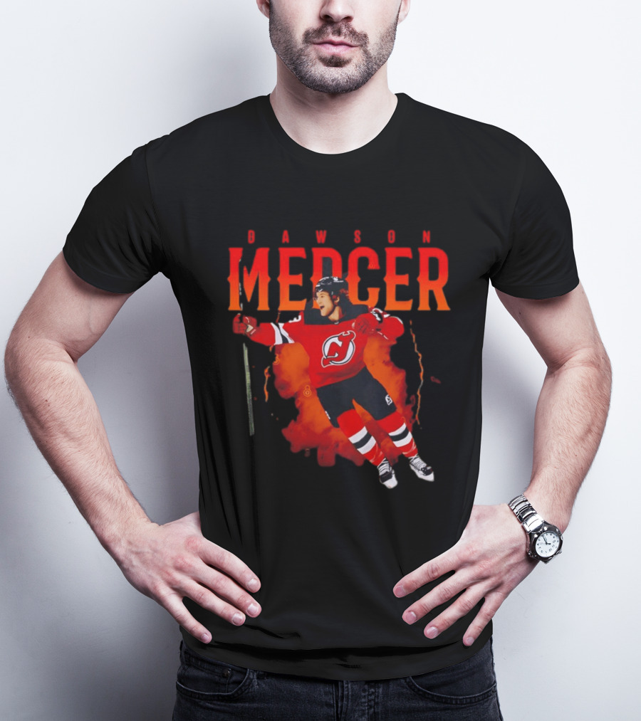 Dawson Mercer New Jersey Devils Celebration Hockey Player Image T-Shirt