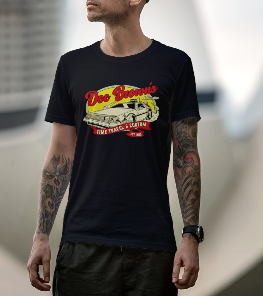 Doc Brown's Automotive Time Travel & Custom Est 1955 Classic DeLorean T-Shirt
