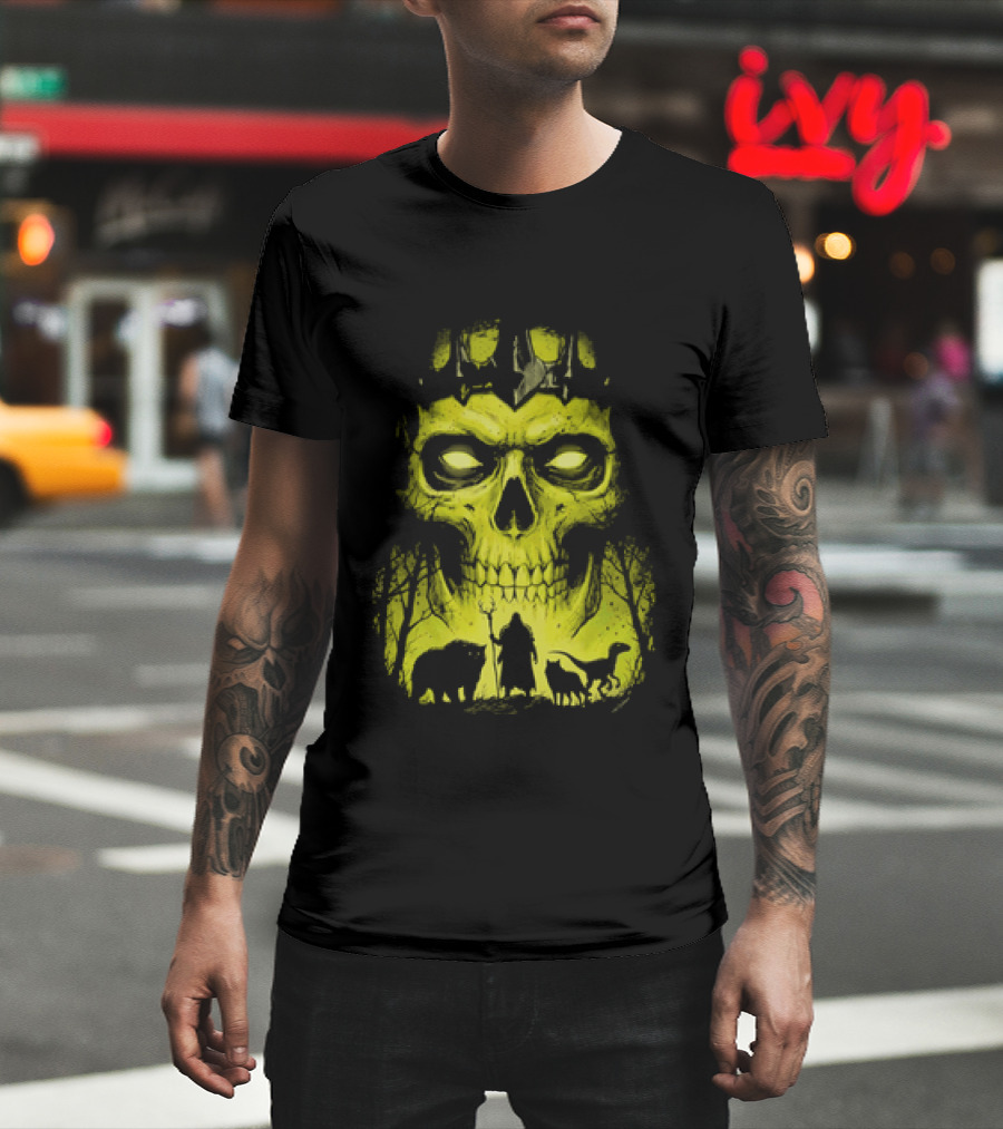 Lych Vs Druid Fantasy Dark Necromancer Skull T-Shirt