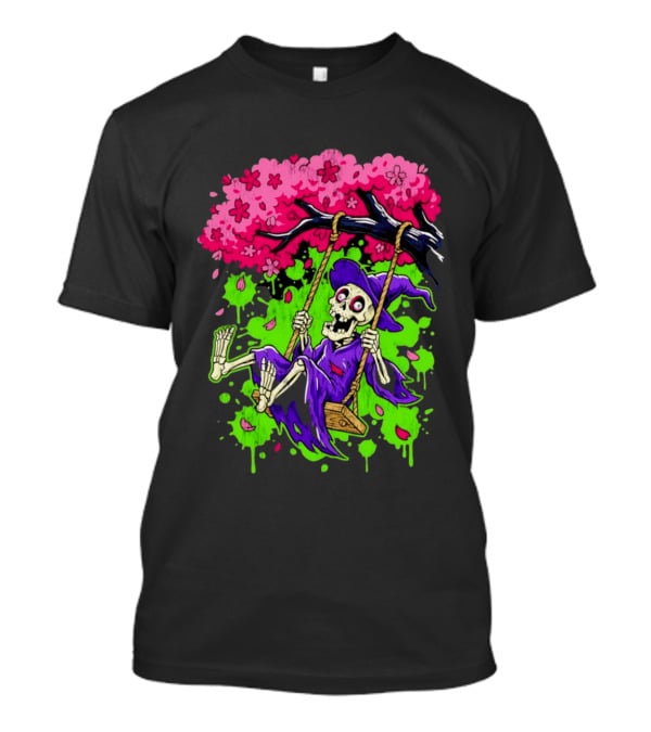 Morbid Whimsy Skeleton Witch Swinging Under Cherry Blossom Tree T-Shirt