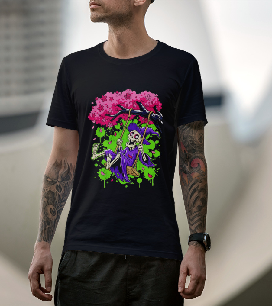Morbid Whimsy Skeleton Witch Swinging Under Cherry Blossom Tree T-Shirt