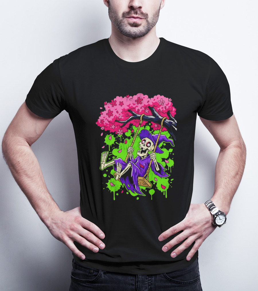 Morbid Whimsy Skeleton Witch Swinging Under Cherry Blossom Tree T-Shirt