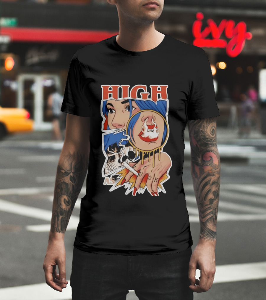 High As Fuck Smoking Skull Woman With Blue Hair And Tattooed Hand T-Shirt
