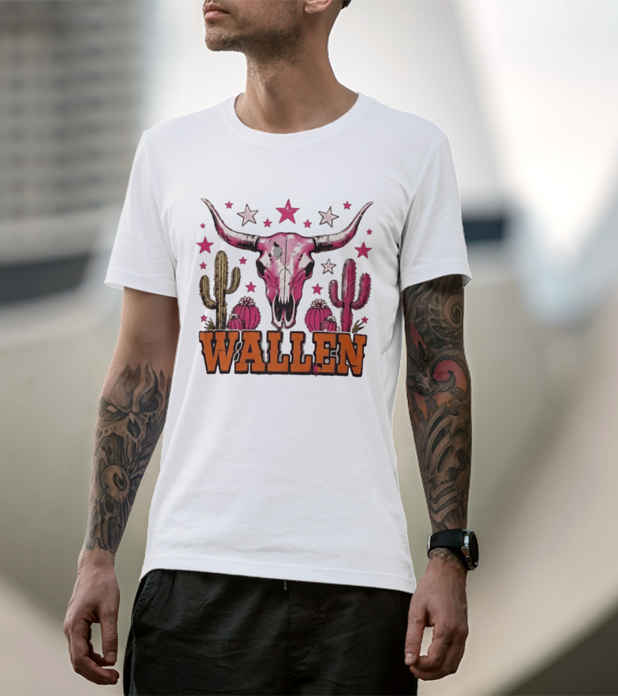 Wallen Pink Cow Skull Cactus Stars T-Shirt