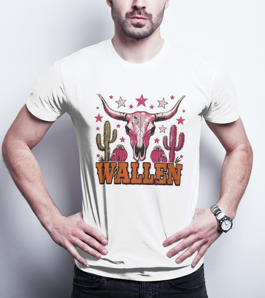 Wallen Pink Cow Skull Cactus Stars T-Shirt