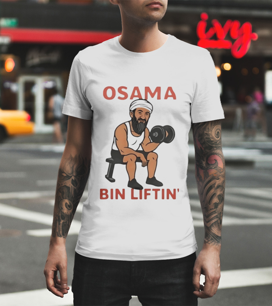 Osama Bin Liftin' Dumbbell Cartoon Weightlifting Humor T-Shirt
