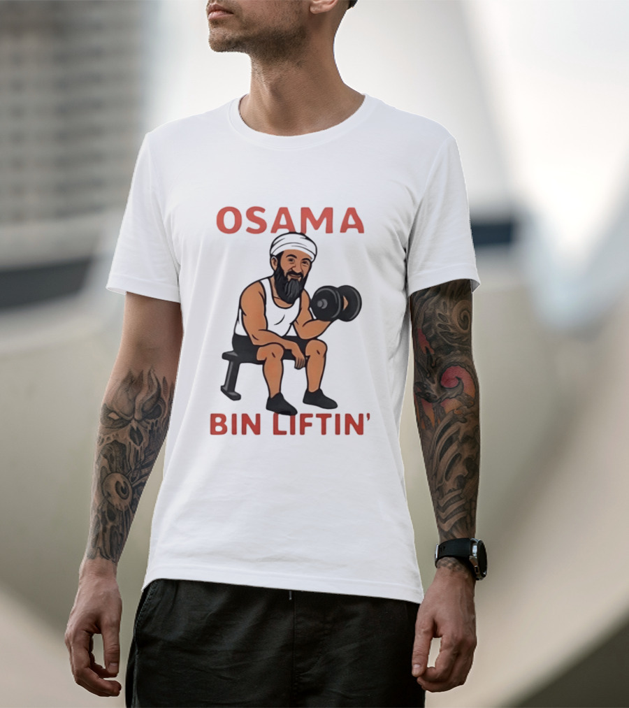 Osama Bin Liftin' Dumbbell Cartoon Weightlifting Humor T-Shirt