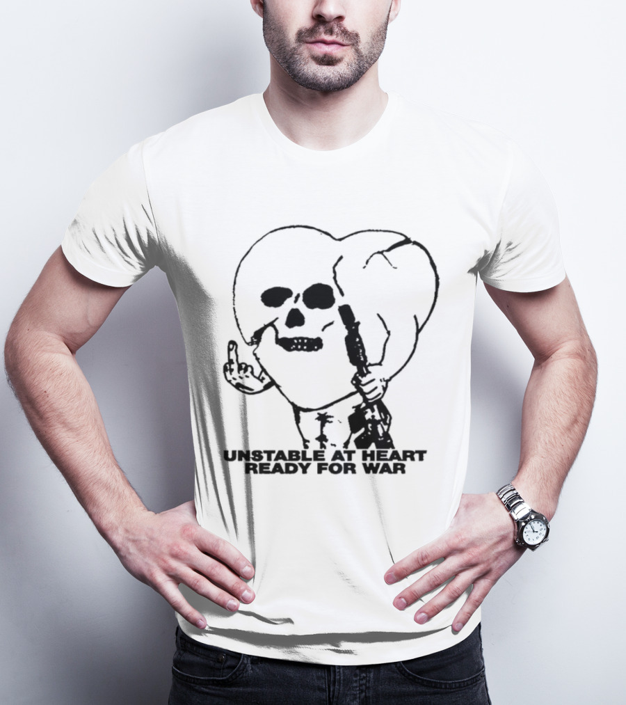Unstable At Heart Ready For War Skull Middle Finger Assault Rifle T-Shirt