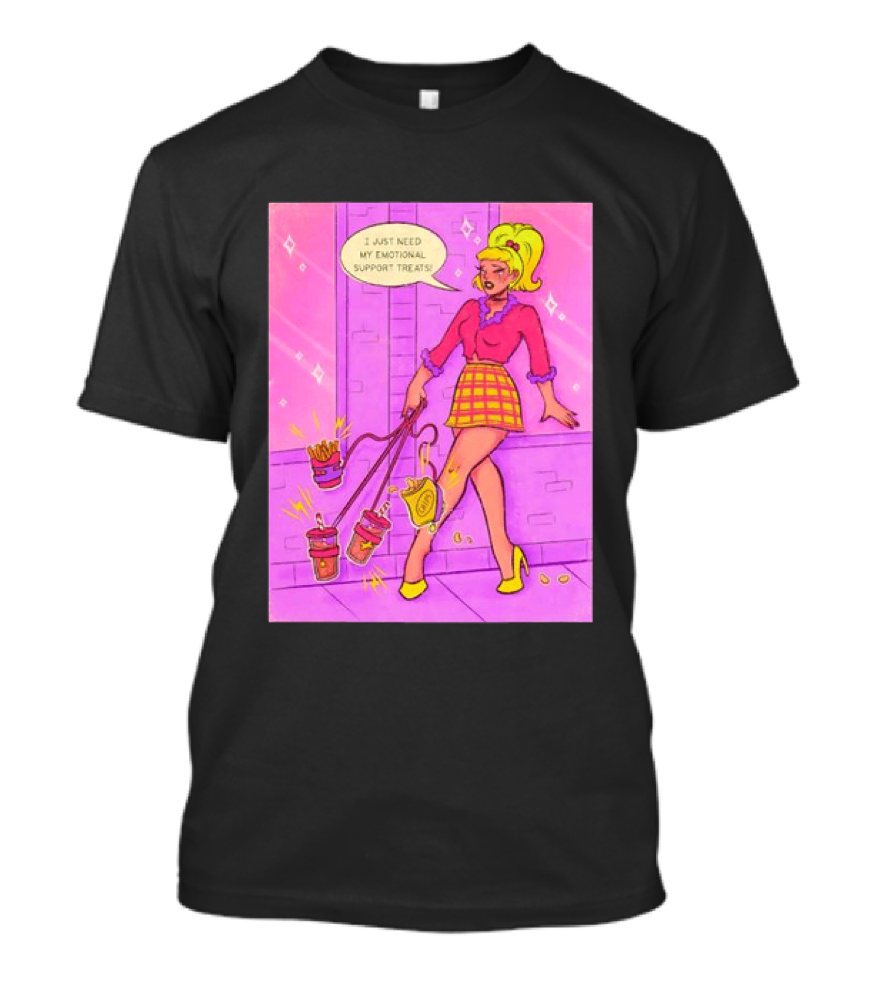 I Just Need My Emotional Support Treats Comic Style Girl With Drinks And Fries T-Shirt