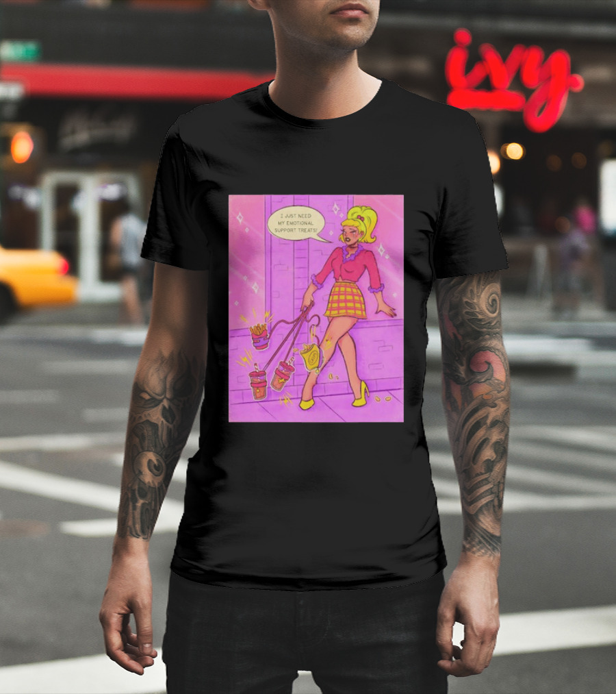 I Just Need My Emotional Support Treats Comic Style Girl With Drinks And Fries T-Shirt