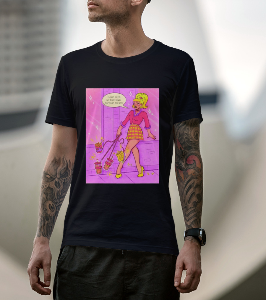 I Just Need My Emotional Support Treats Comic Style Girl With Drinks And Fries T-Shirt