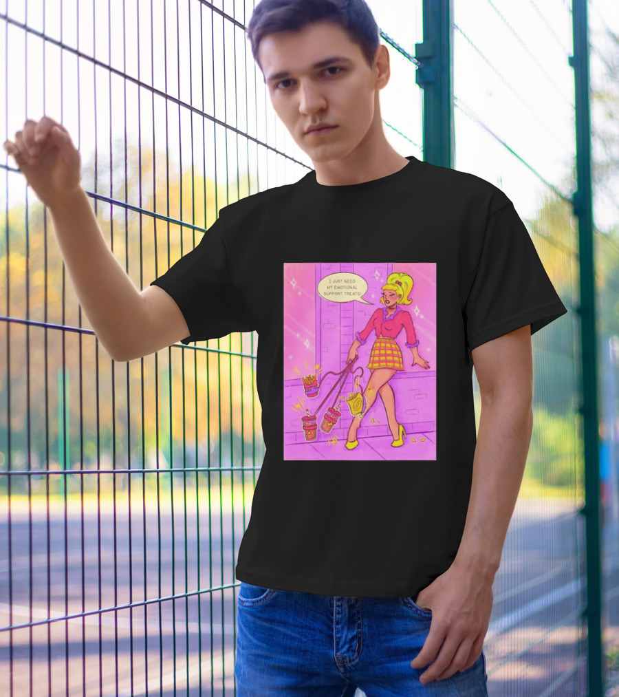 I Just Need My Emotional Support Treats Comic Style Girl With Drinks And Fries T-Shirt