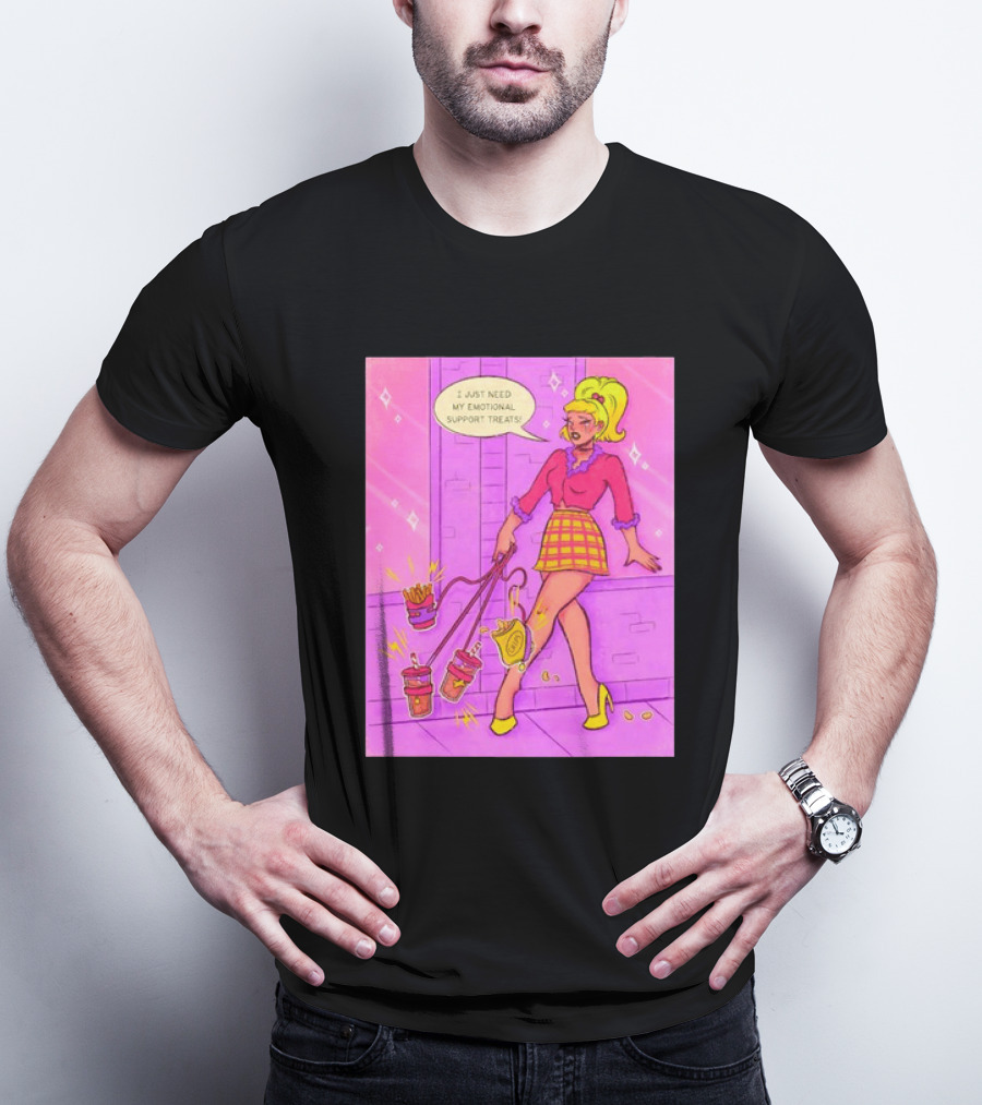I Just Need My Emotional Support Treats Comic Style Girl With Drinks And Fries T-Shirt