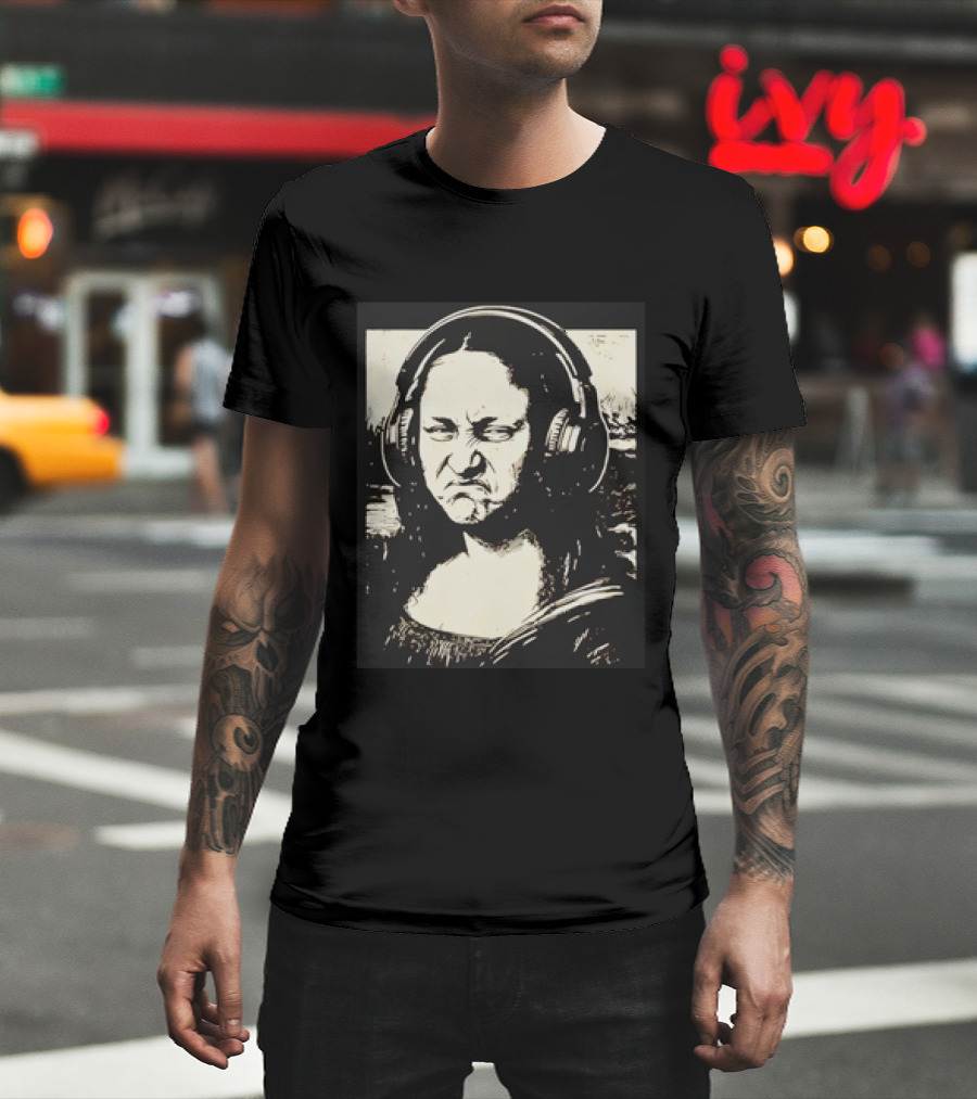 Mona Lisa Headphones Grumpy Expression Fusion T-Shirt