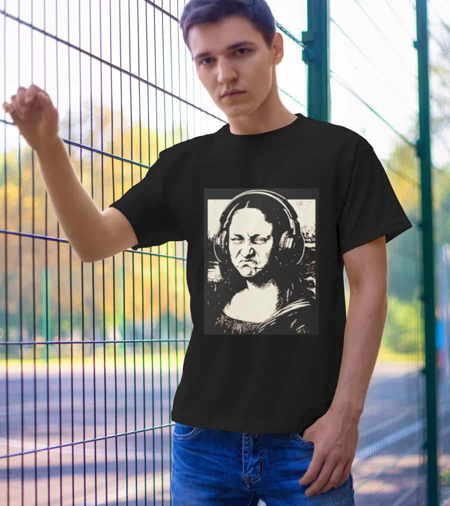 Mona Lisa Headphones Grumpy Expression Fusion T-Shirt