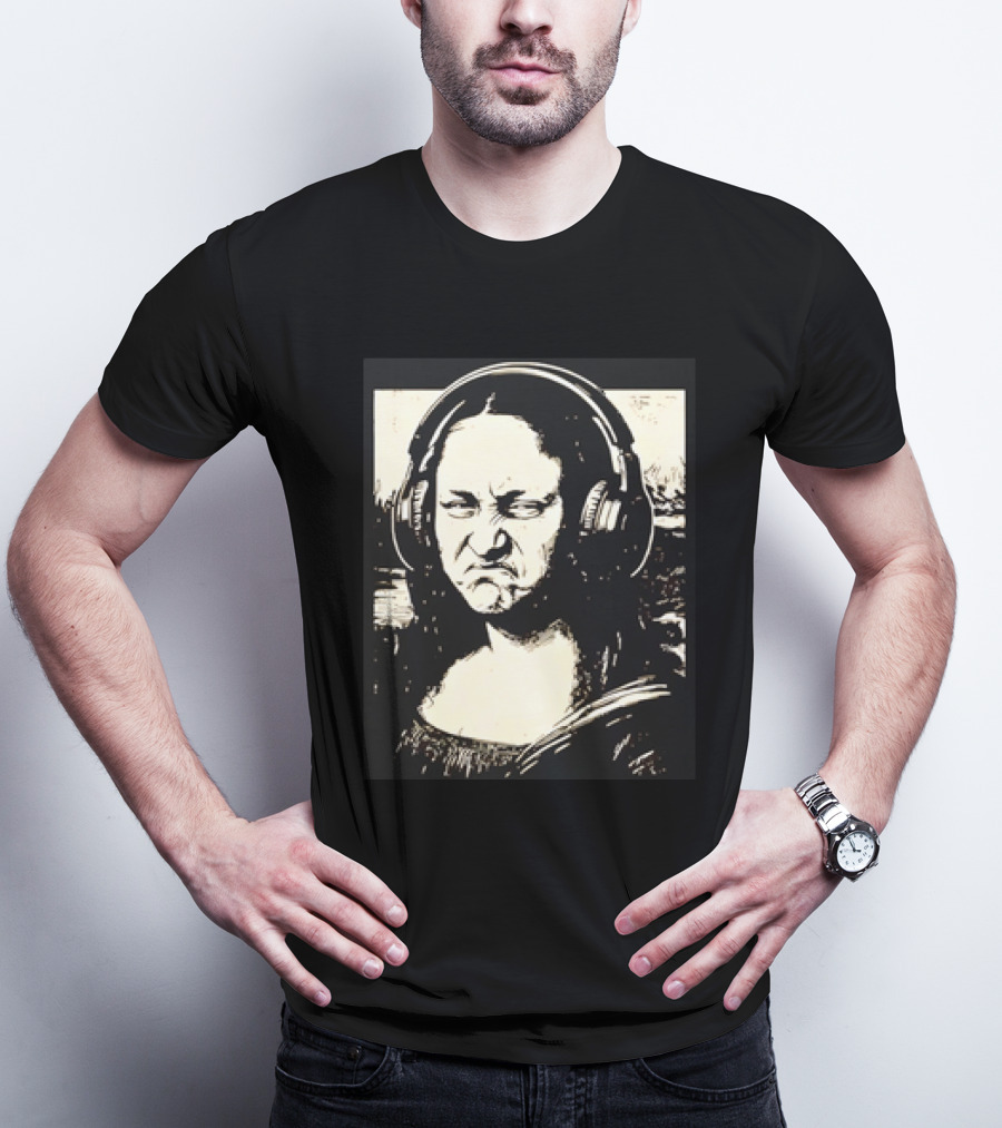 Mona Lisa Headphones Grumpy Expression Fusion T-Shirt