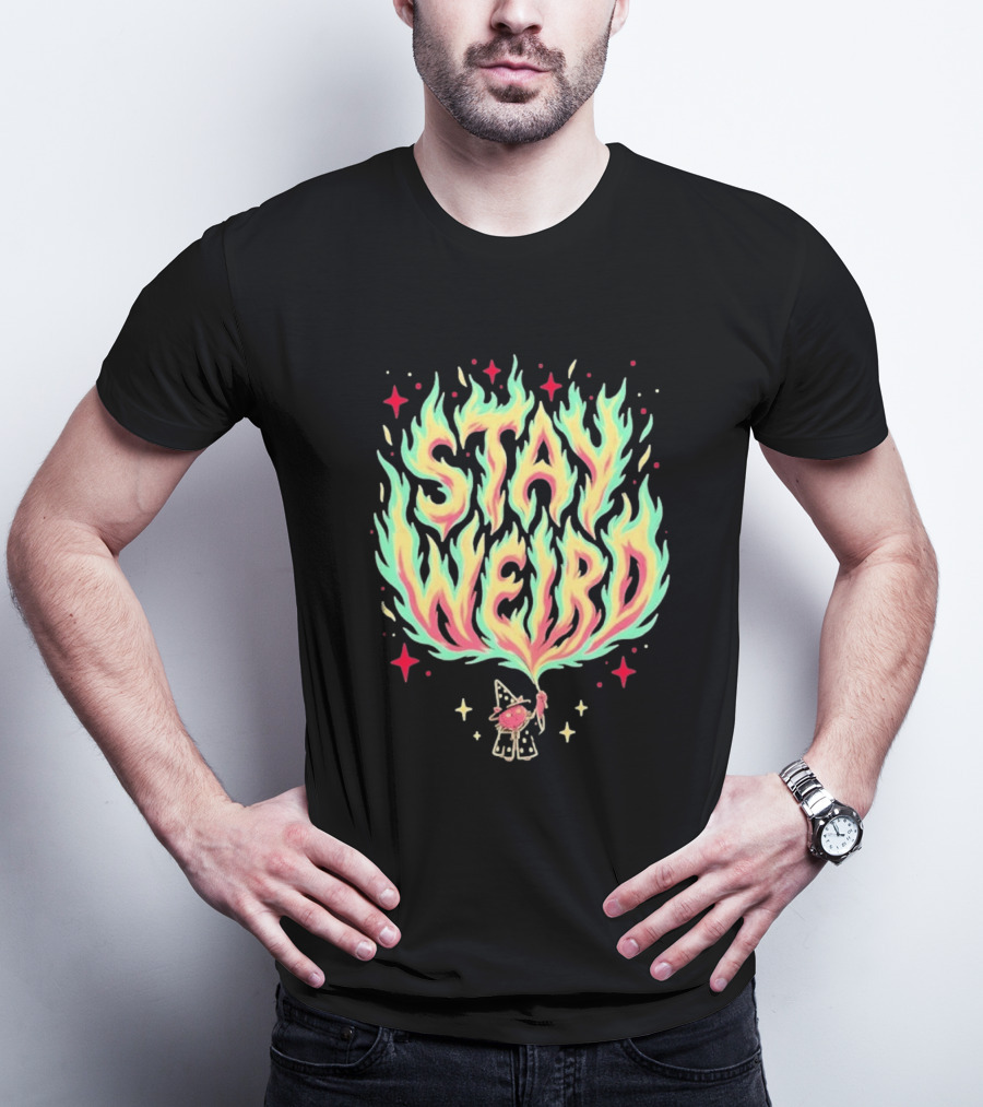 Stay Weird Magic Flames Wizard Cat Stars Cosmic T-Shirt