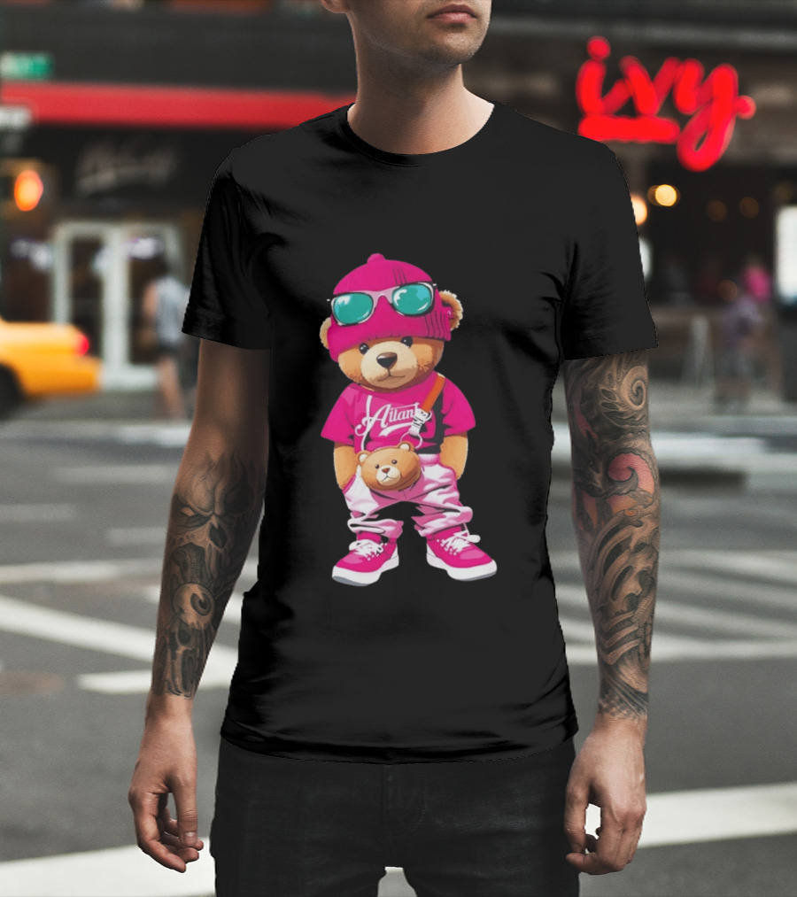 Ailan Teddy Bear Stylish Streetwear Outfit Pink Beanie Sunglasses And Bear Bag T-Shirt