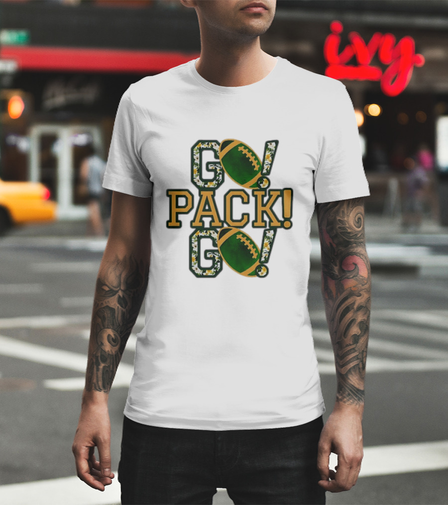 Packers Go Pack Go Football Floral Design With Green And Gold Footballs T-Shirt