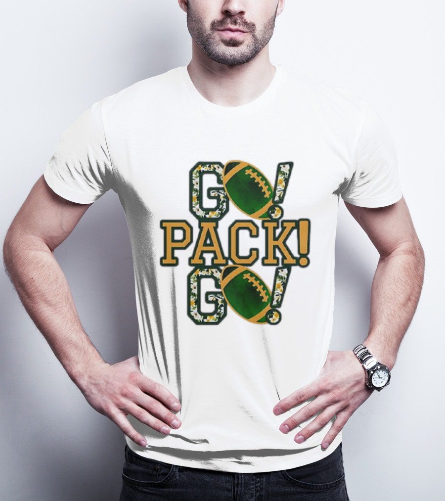 Packers Go Pack Go Football Floral Design With Green And Gold Footballs T-Shirt