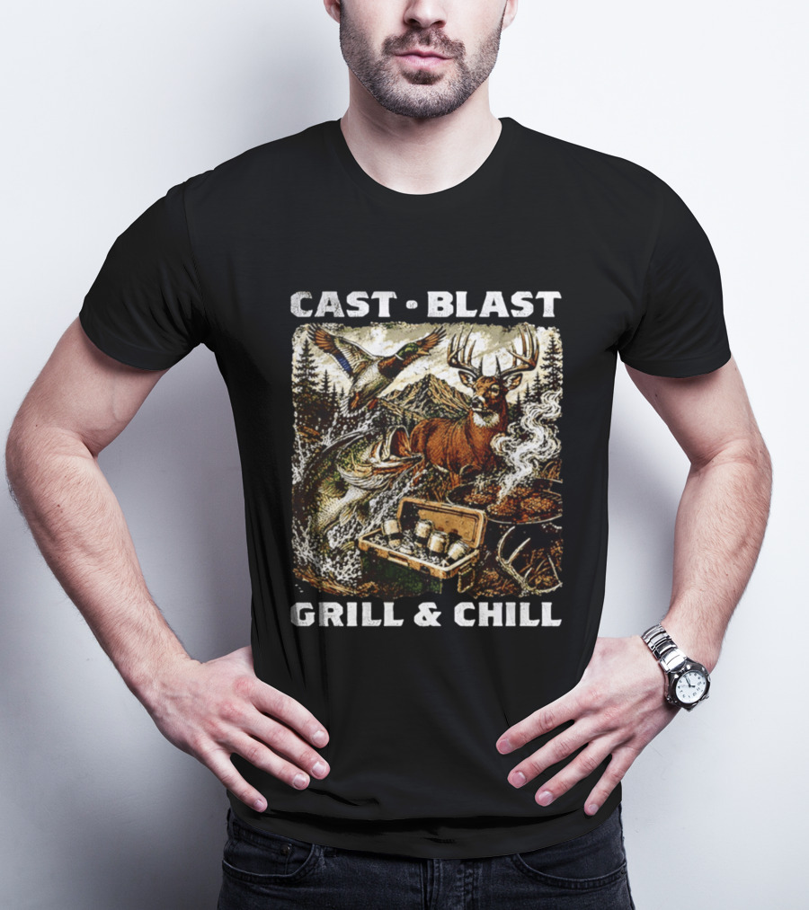 Cast Blast Grill & Chill Deer Fish Camping Scene T-Shirt