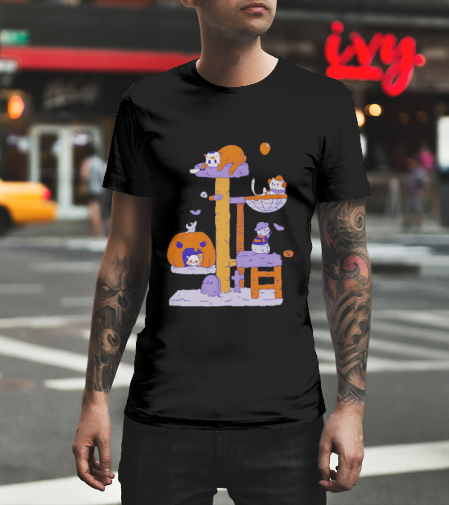 Cat Horror Pumpkin Tree Halloween Cats T-Shirt