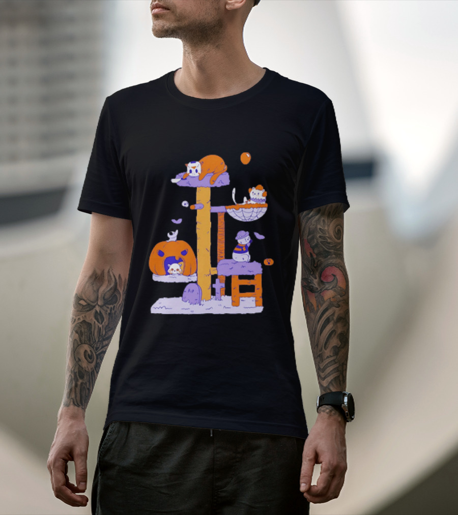 Cat Horror Pumpkin Tree Halloween Cats T-Shirt