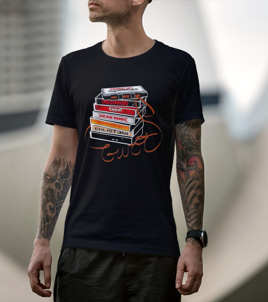Combat Mix Discharged Clipknot Lockin Marks Gunsmack Enlist GWOT 3 Tours Down Music Cassette Stack T-Shirt