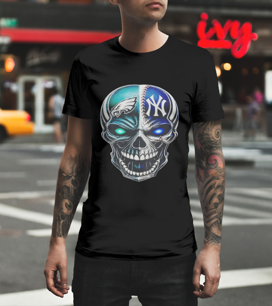 Philadelphia Eagles New York Yankees Skull Glow Eyes T-Shirt