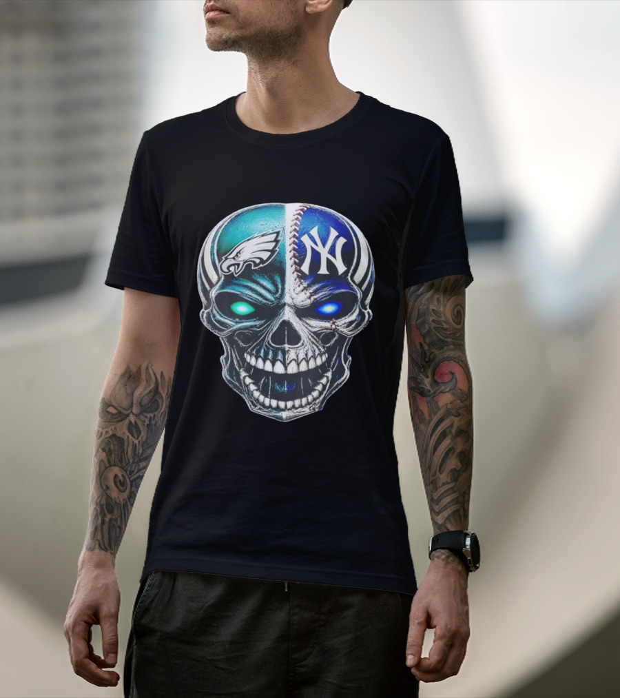Philadelphia Eagles New York Yankees Skull Glow Eyes T-Shirt