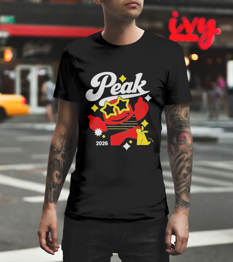 Peak 2026 Red Character With Star Glasses And Yellow Dog T-Shirt