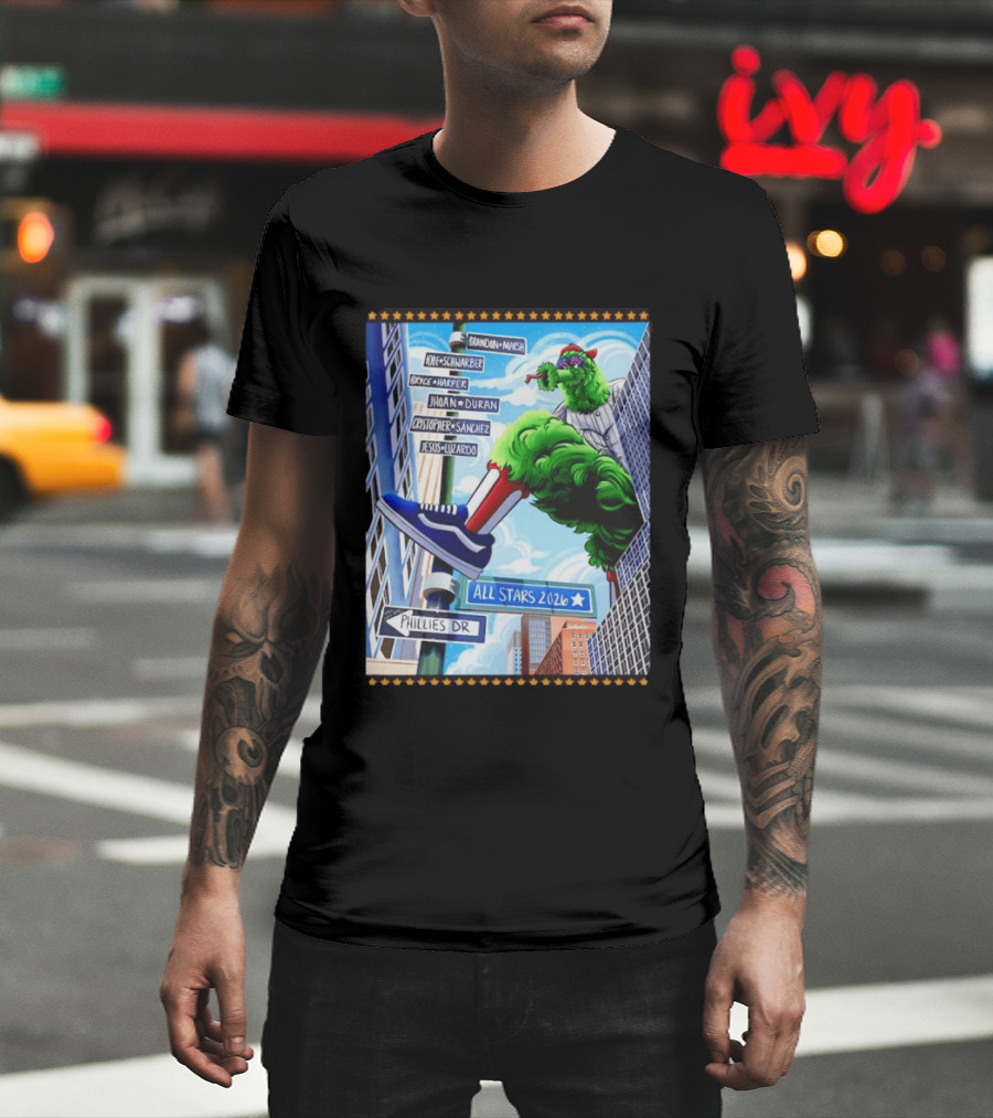 Phillies Dr Phillie Phanatic Brandon Marsh Kyle Schwarber Bryce Harper Johan Duran Christopher Sanchez Jesus Luzardo All Stars 2026 T-Shirt
