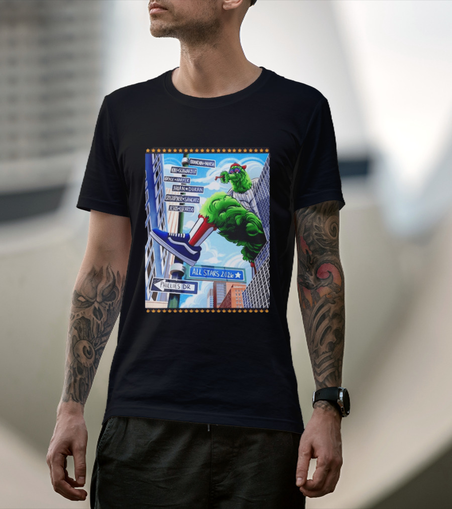Phillies Dr Phillie Phanatic Brandon Marsh Kyle Schwarber Bryce Harper Johan Duran Christopher Sanchez Jesus Luzardo All Stars 2026 T-Shirt