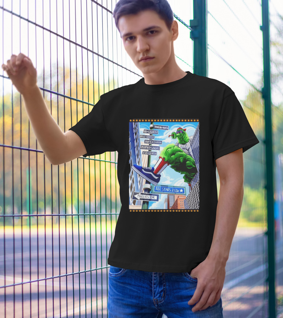 Phillies Dr Phillie Phanatic Brandon Marsh Kyle Schwarber Bryce Harper Johan Duran Christopher Sanchez Jesus Luzardo All Stars 2026 T-Shirt