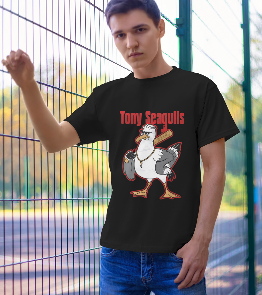 Tony Seagulls Baseball Cartoon Character With Bat T-Shirt