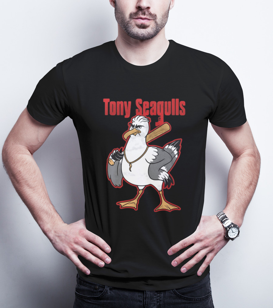 Tony Seagulls Baseball Cartoon Character With Bat T-Shirt