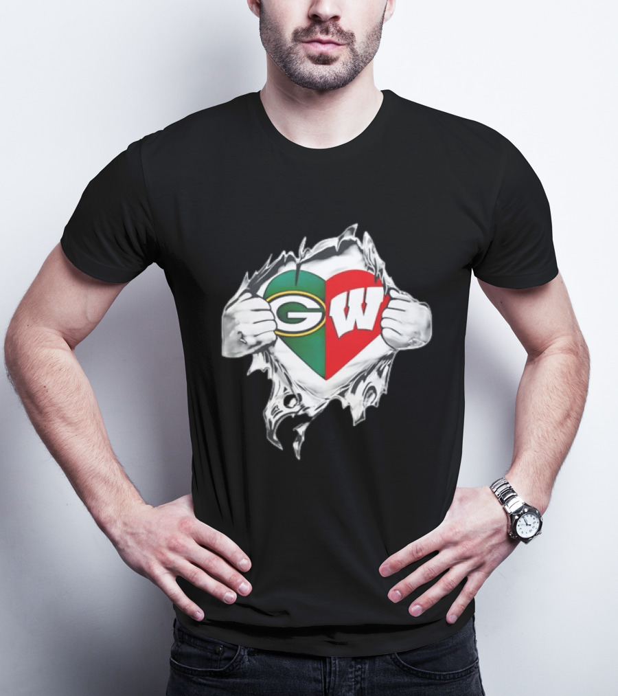 Green Bay Packers Wisconsin Badgers Torn Chest Reveal Heart T-Shirt