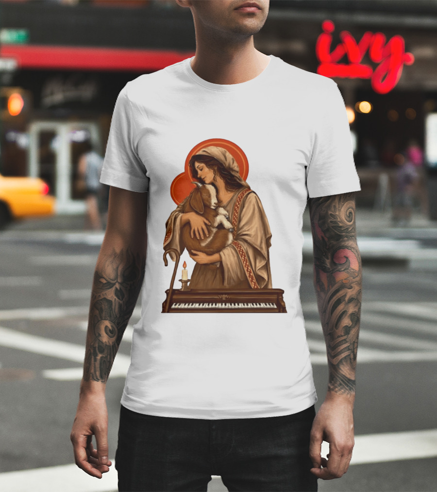Woman Embracing Goat With Candle And Piano Halo T-Shirt