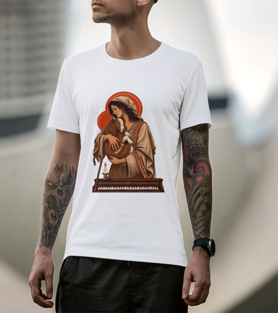 Woman Embracing Goat With Candle And Piano Halo T-Shirt