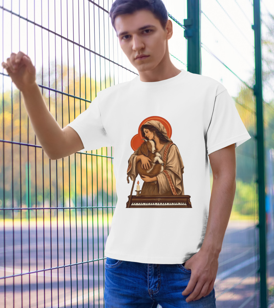 Woman Embracing Goat With Candle And Piano Halo T-Shirt