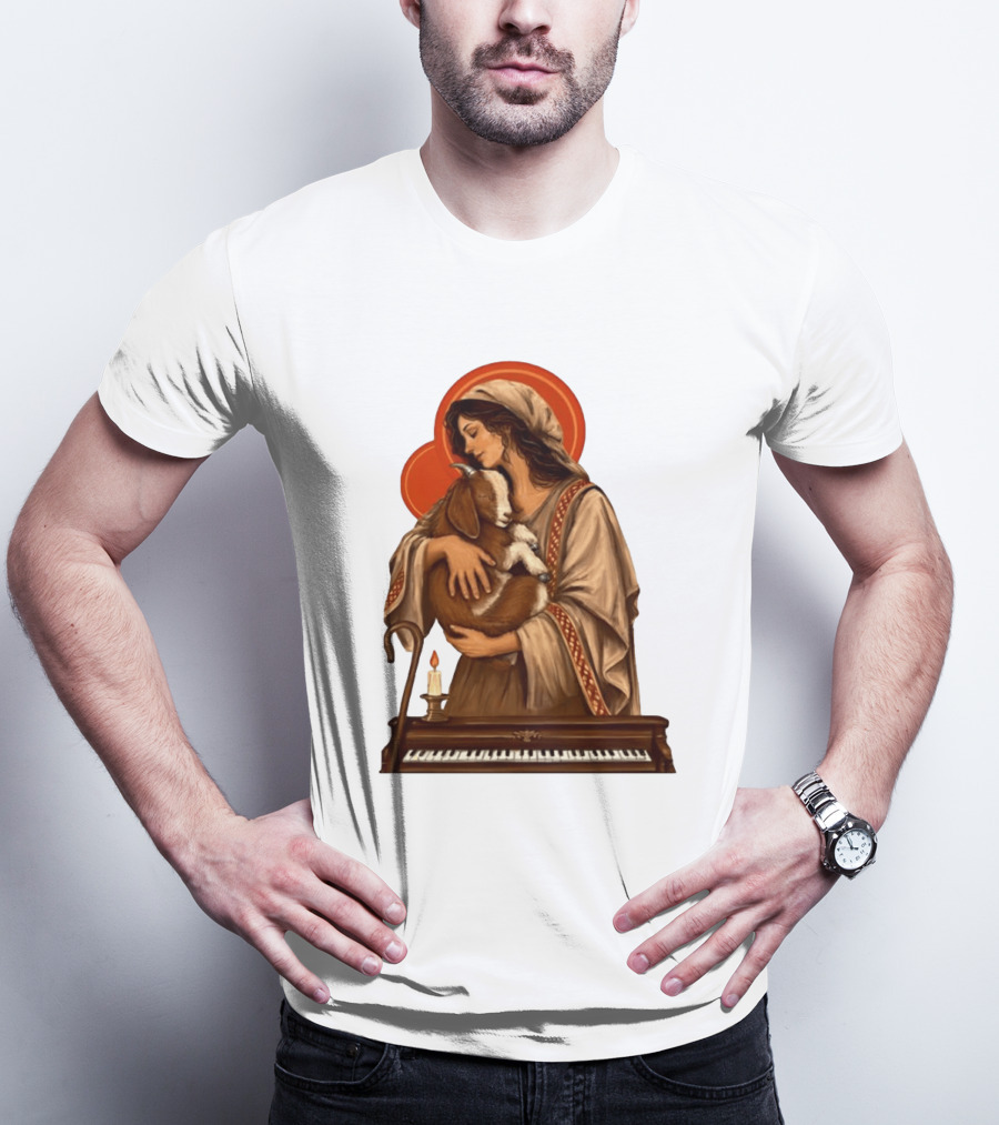 Woman Embracing Goat With Candle And Piano Halo T-Shirt