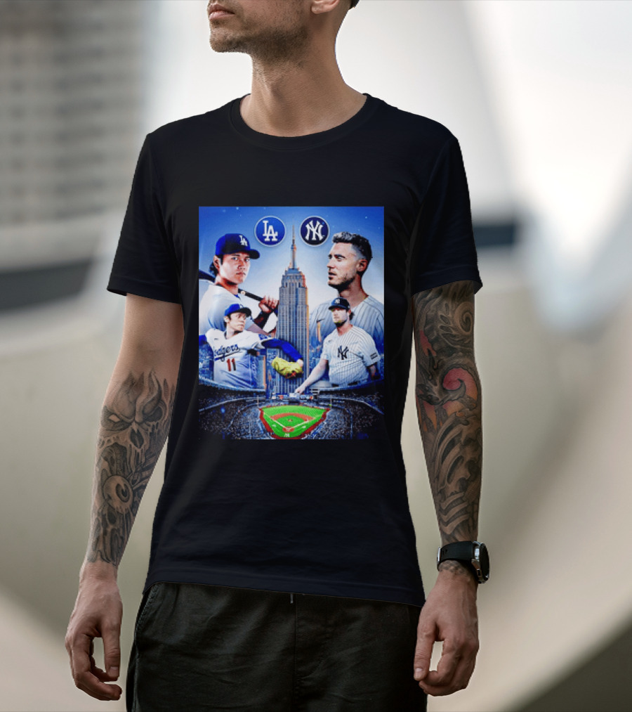 Los Angeles Dodgers Vs New York Yankees Shohei Ohtani Yoshinobu Yamamoto Baseball City Skyline T-Shirt