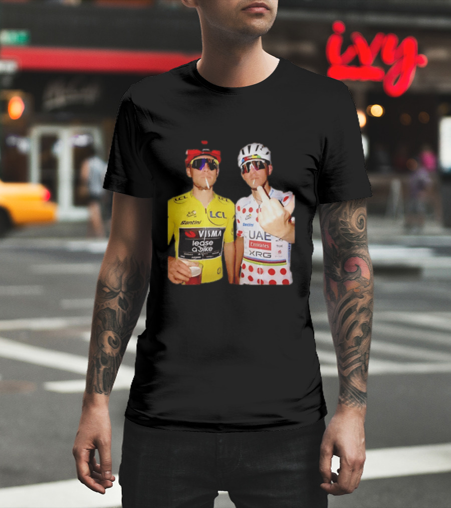 Jonas Vingegaard Tadej Pogačar 2026 Tour De France Visma UAE LCL Santini Emirates XRG Visor Beer Gesture T-Shirt