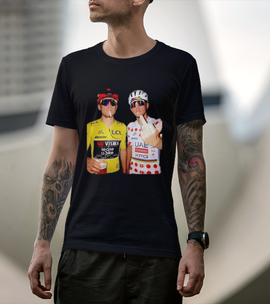 Jonas Vingegaard Tadej Pogačar 2026 Tour De France Visma UAE LCL Santini Emirates XRG Visor Beer Gesture T-Shirt