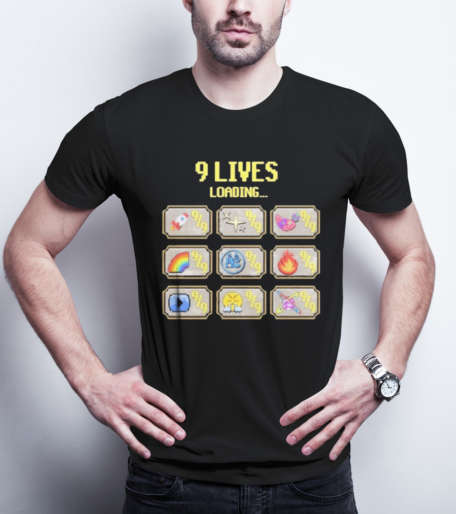 9 Lives Loading Rocket Cat Rainbow Fire Emoji Symbols Cvtscape Alleycvt T-Shirt