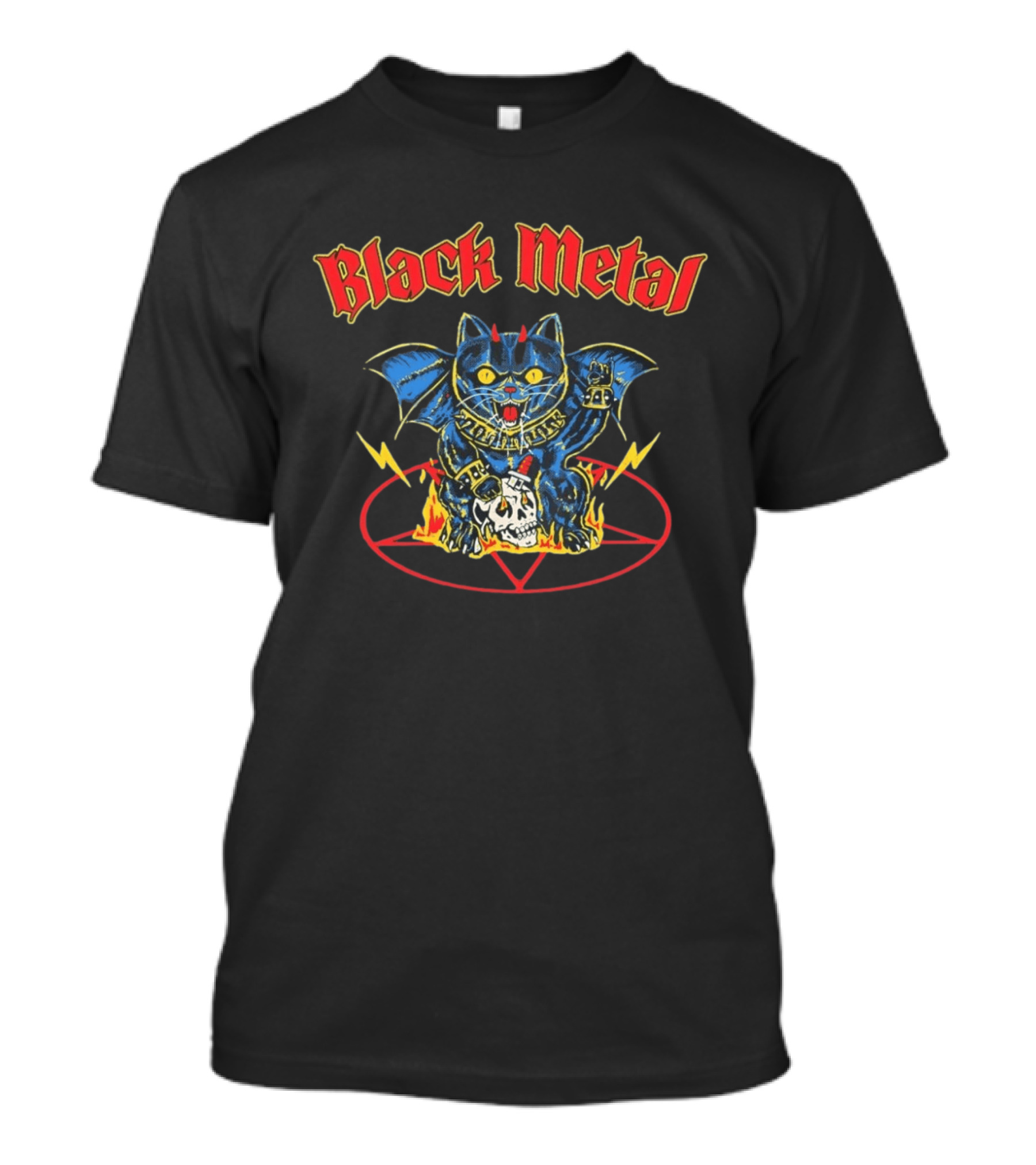 Black Metal Devil Cat Demon Wings Pentagram Fire Skull T-Shirt