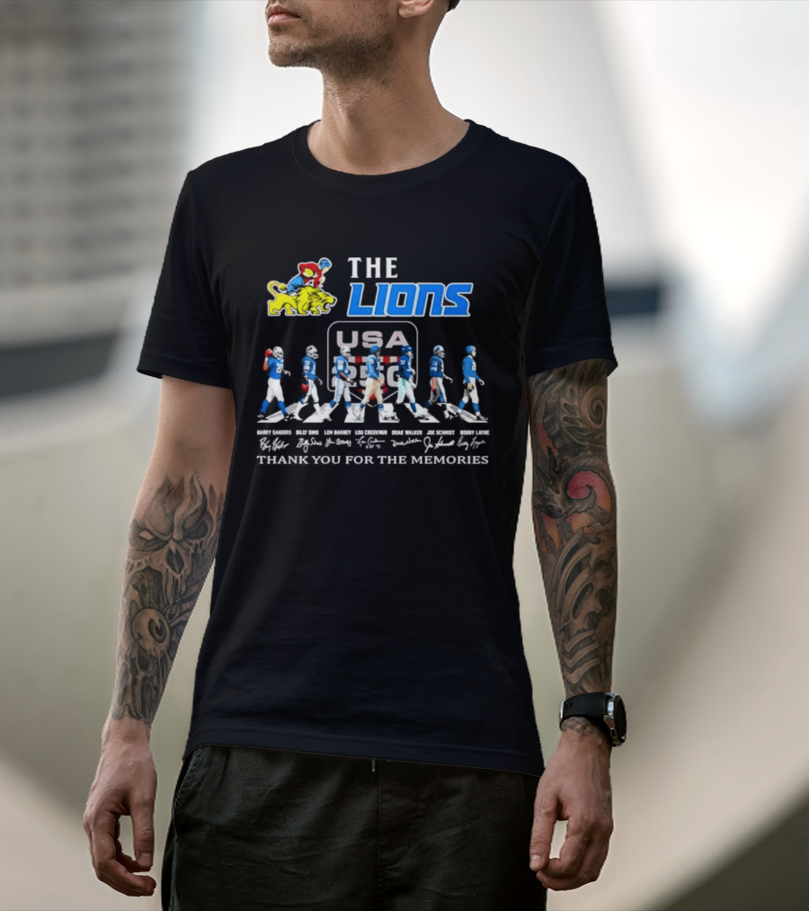 The Lions Legends USA Tour Barry Sanders Billy Sims Lem Barney Lou Creekmur Doak Walker Joe Schmidt Bobby Layne Thank You For The Memories T-Shirt