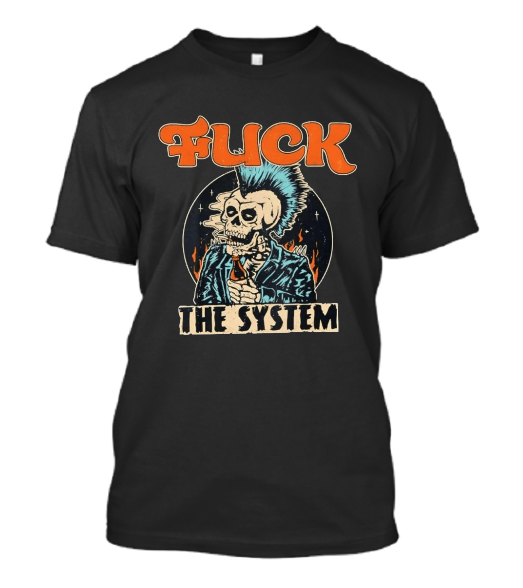 Fuck The System Punk Skeleton Smoking Beer Mohawk Jacket Spikes T-Shirt